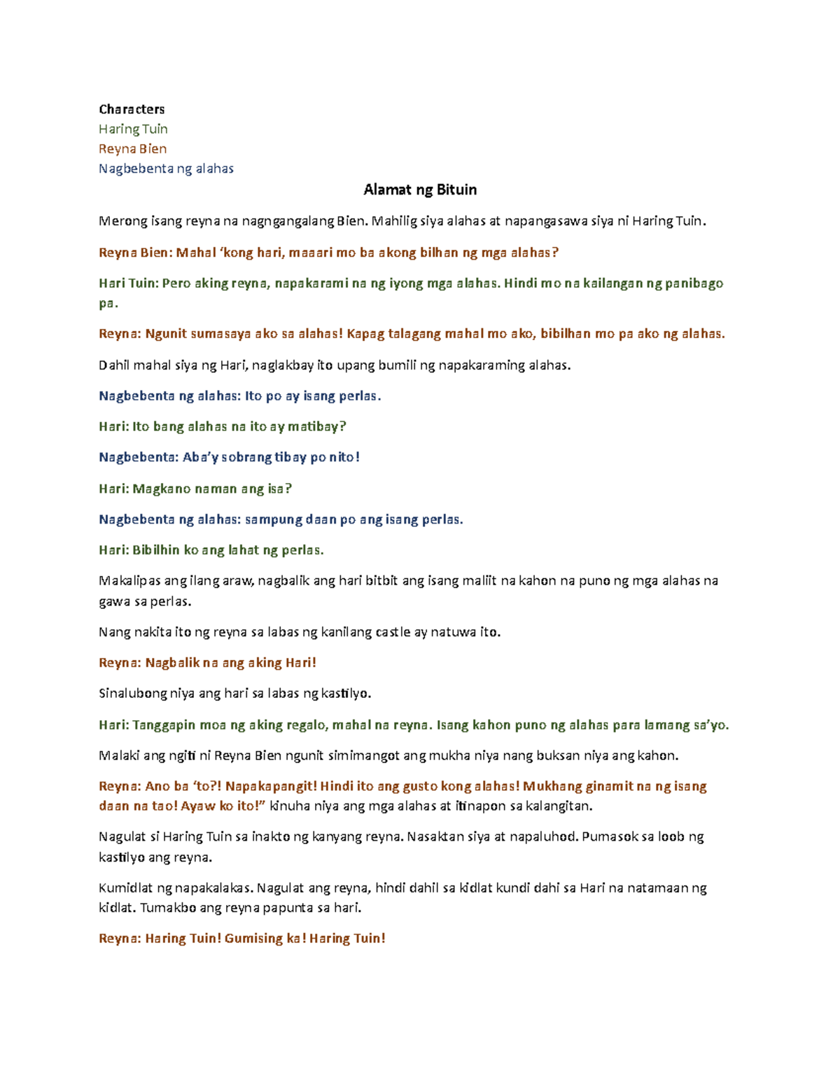 Alamat ng Bituin Script - Characters Haring Tuin Reyna Bien Nagbebenta ...