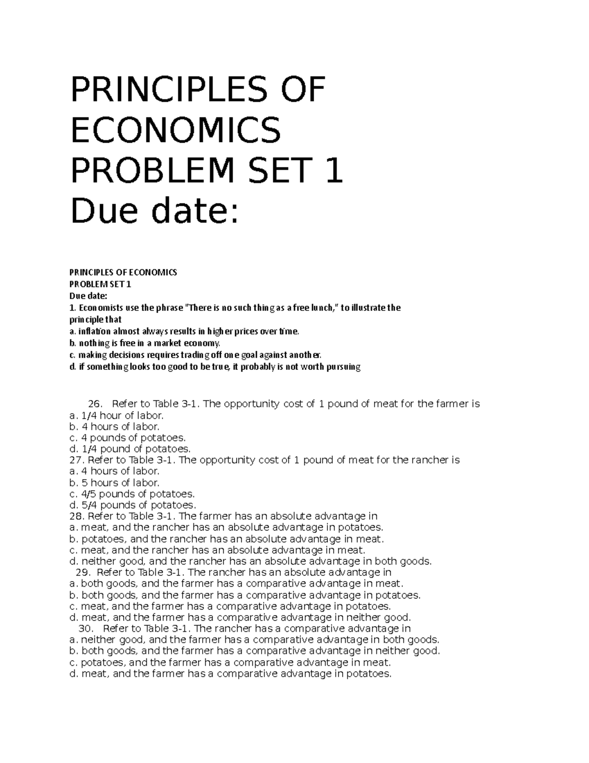 Principles OF Economics - PRINCIPLES OF ECONOMICS PROBLEM SET 1 Due ...
