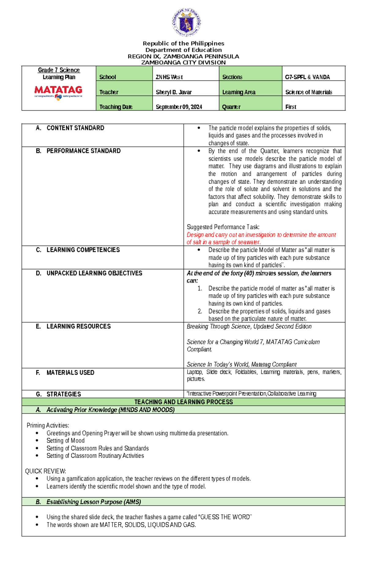 Lesson Plan Particle Nature of Matter - Republic of the Philippines ...
