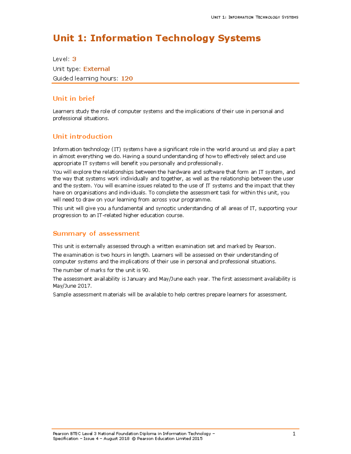 Unit 01 Information Technology Systems Unit 1 Information Technology Systems Pearson Btec