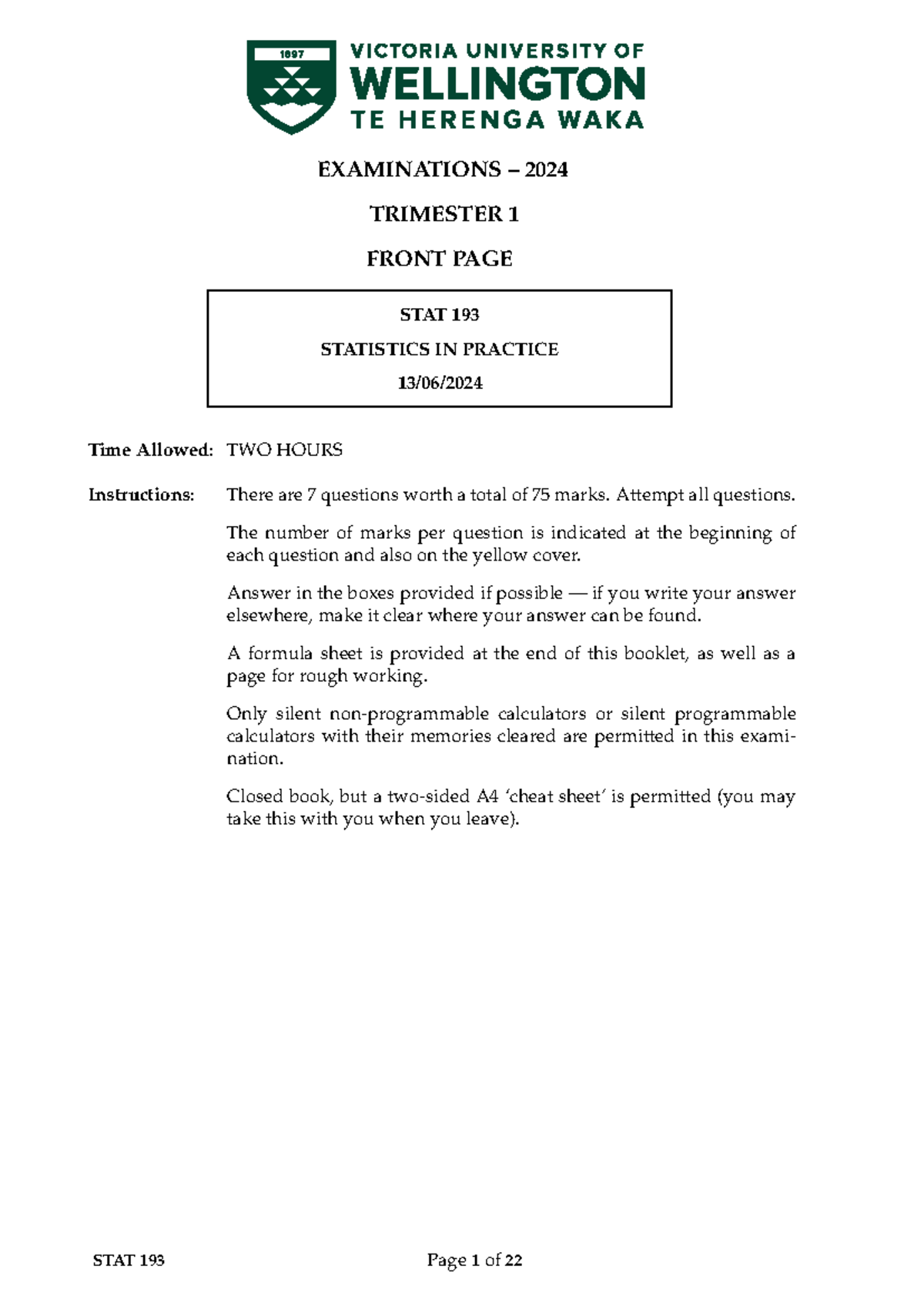 STAT193 2024T1 exam - Practice exam 2024 - EXAMINATIONS – 2024 ...