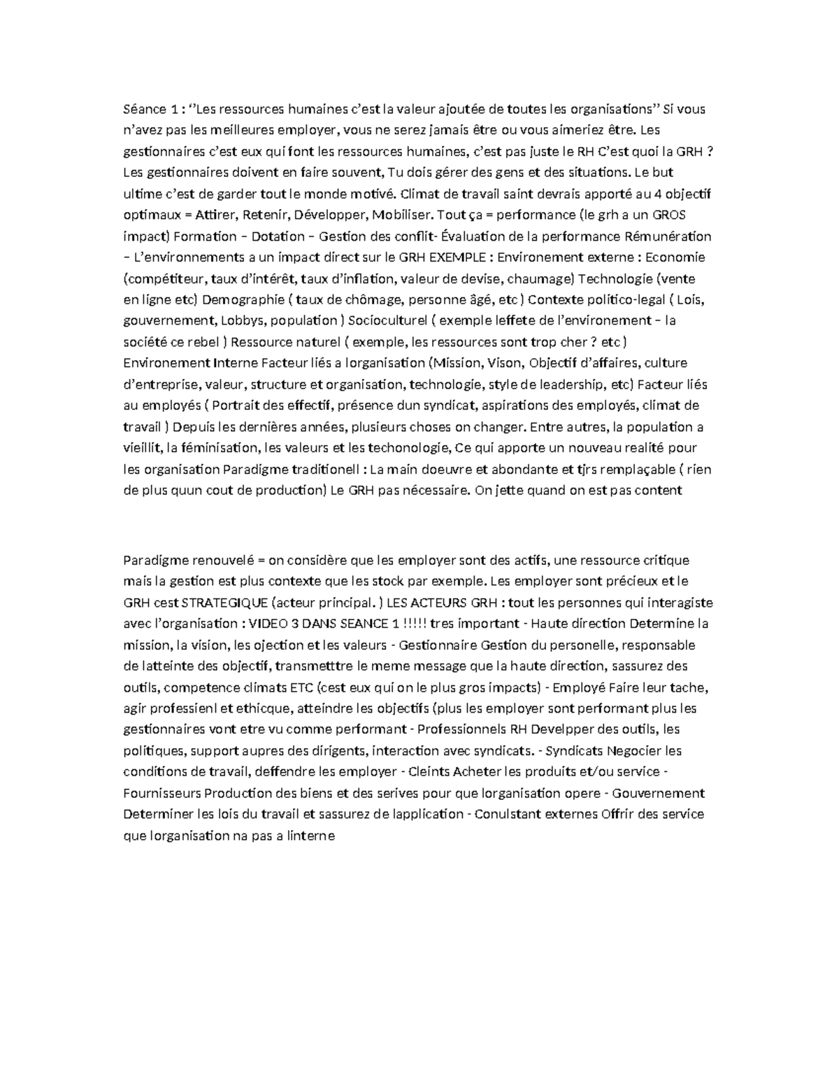 Resumés seances - Séance 1 : ‘’Les ressources humaines c’est la valeur ...
