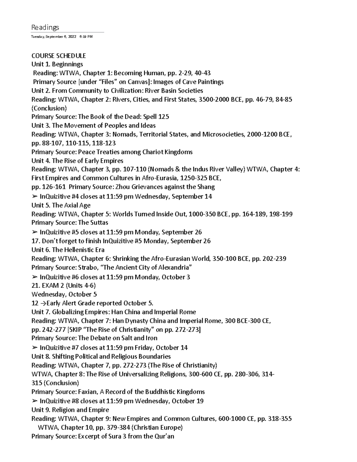 History course schedule - Readings Tuesday, September 6, 2022 6:19 PM ...