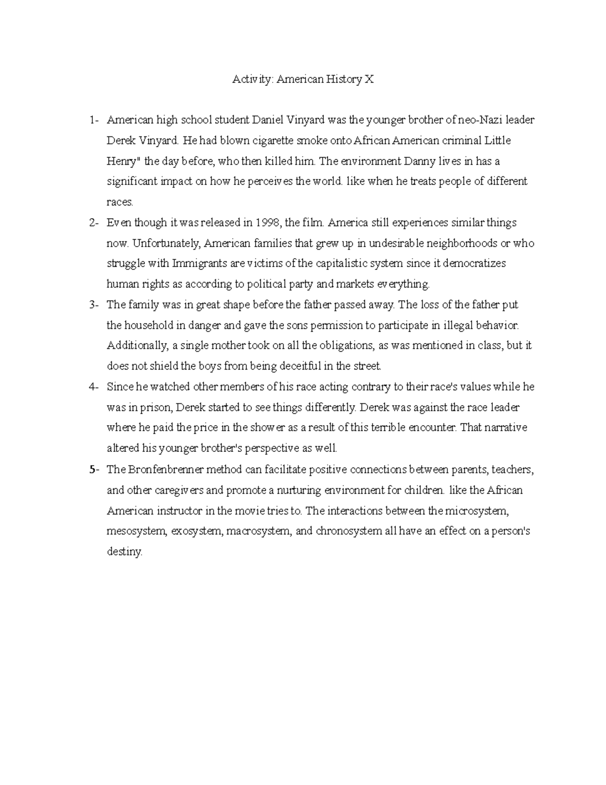 Activity x - American high school - Activity: American History X 1 ...