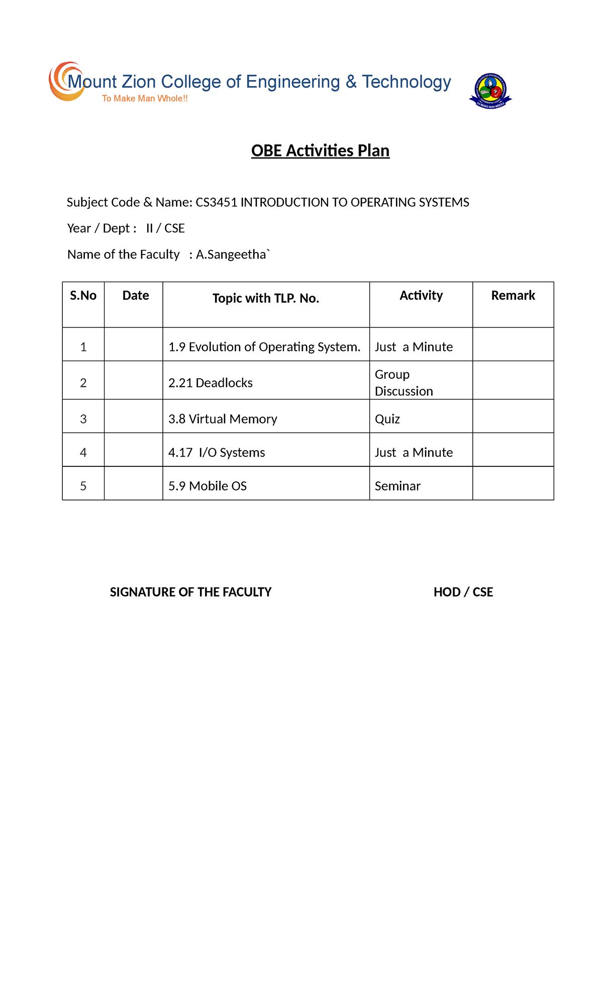 CS3451 OS OBE plan - Operating system - Mount Zion College of ... CS3451 OS OBE plan - Operating system - Mount Zion College of ...