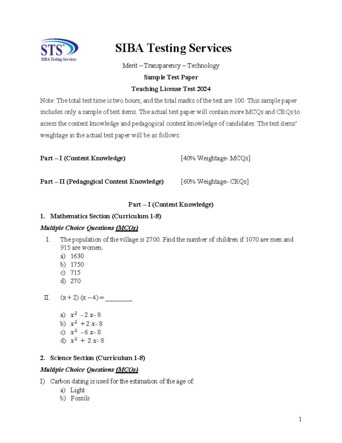 Sample Paper Teaching License Test 11 - SIBA Testing Services Merit ...
