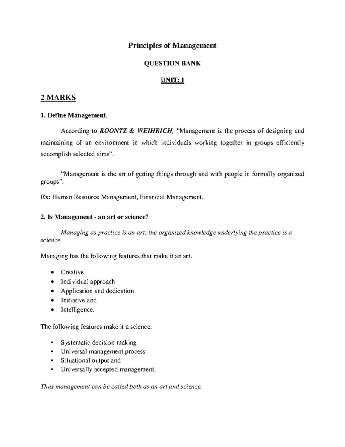 Two marks-POM - Two marks - Principles of Management QUESTION BANK UNIT ...