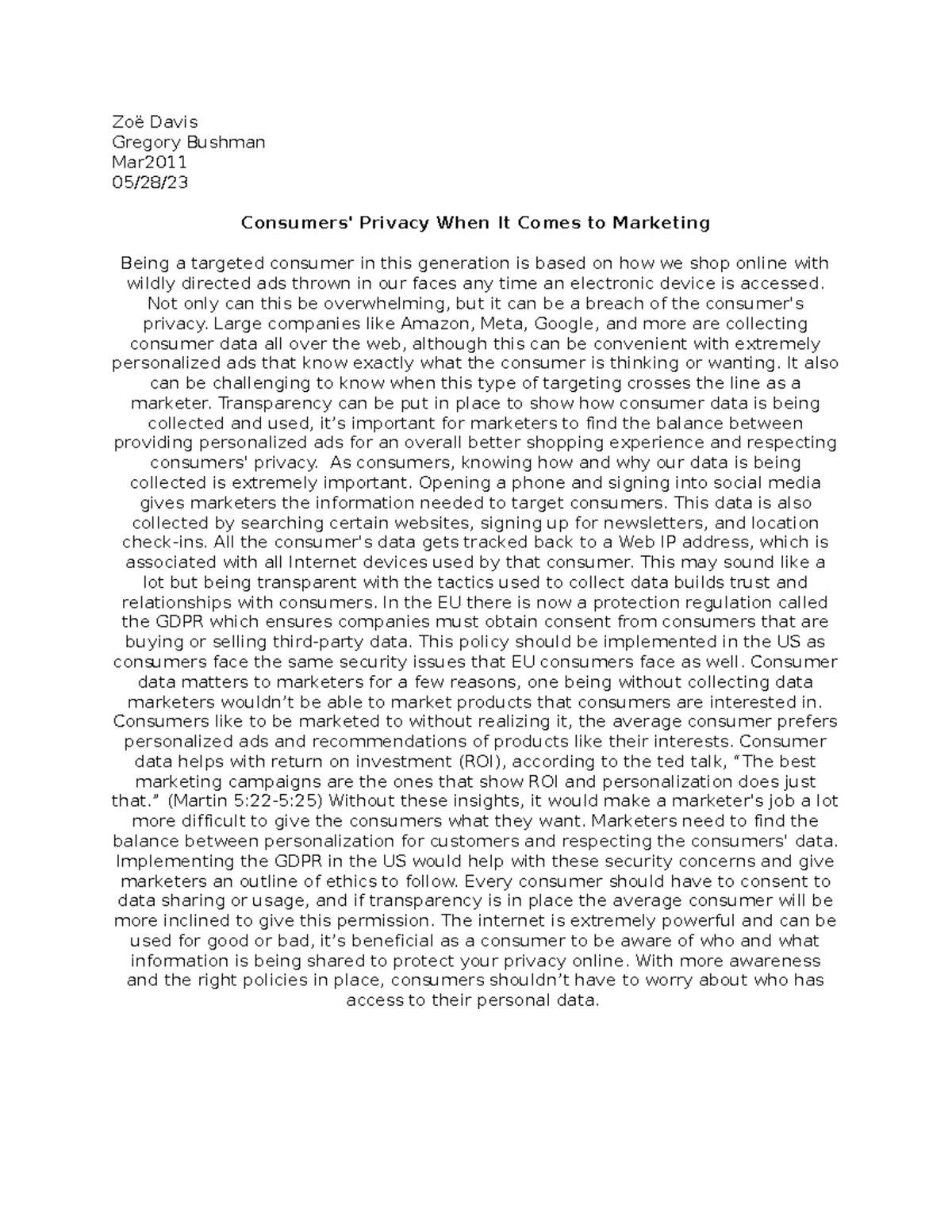 Consumer Privacy Essay MAR2011 - MAR 2011 - SPC - Studocu