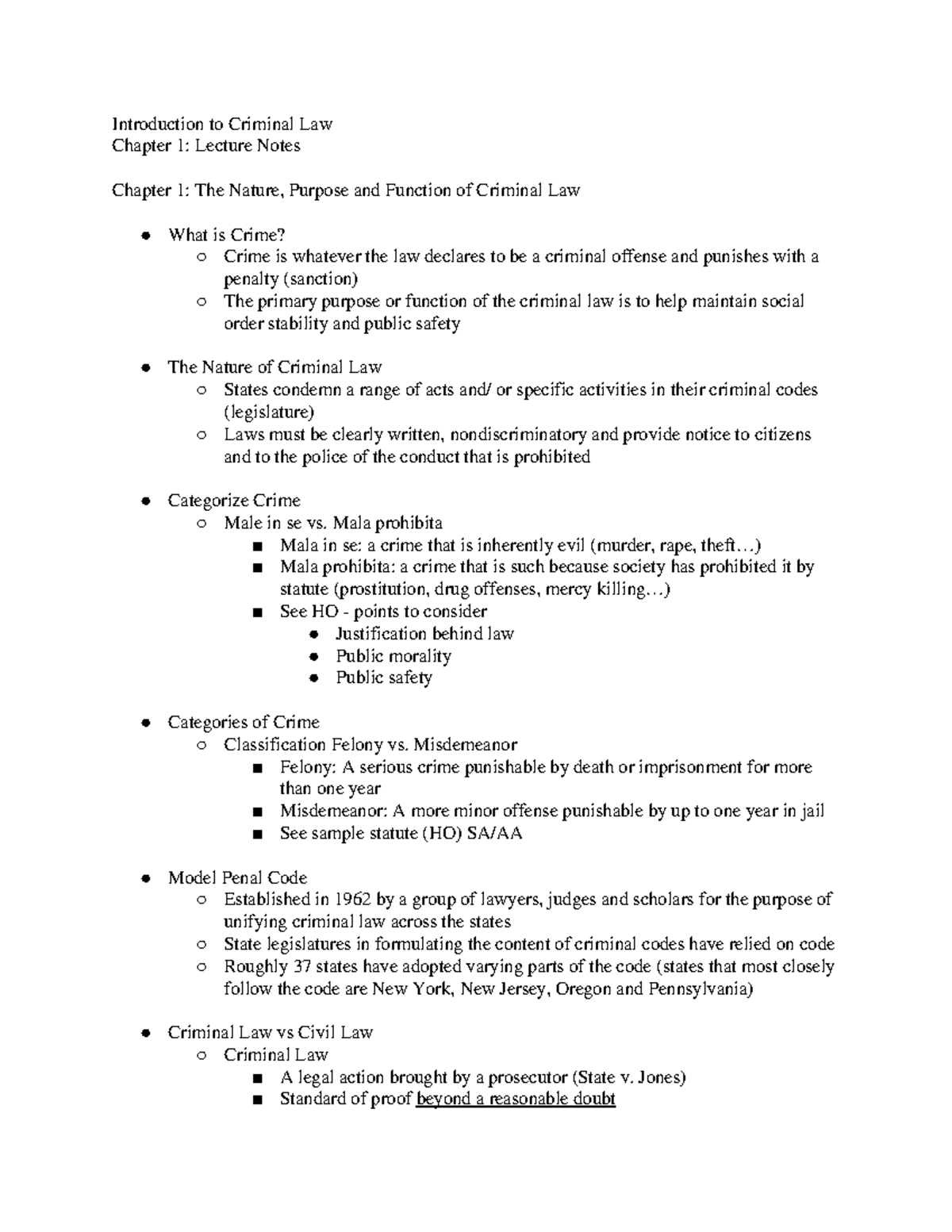 CJ 2501 Lecture Notes Chapters 1-4 - In“rod”c“ion “o Criminal Law Chap ...