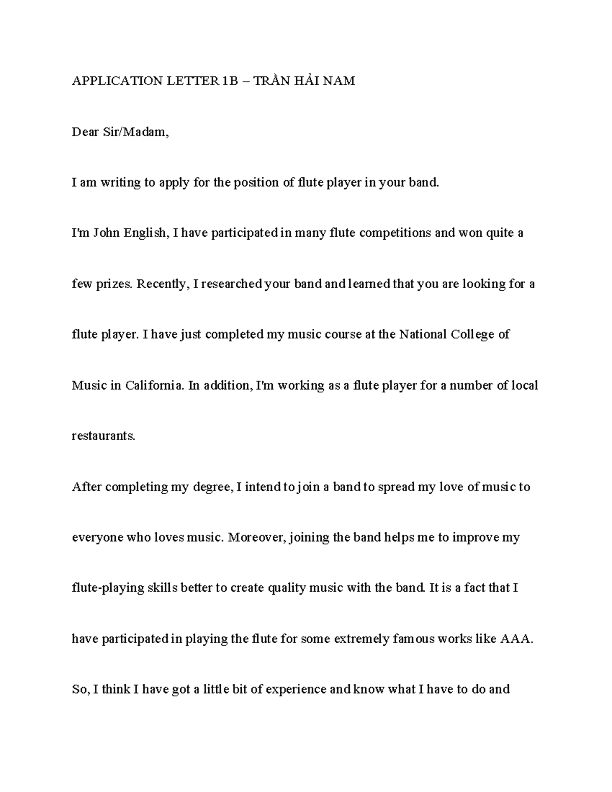 Application Letter 1B - Writing - APPLICATION LETTER 1B – TRẦN HẢI NAM ...