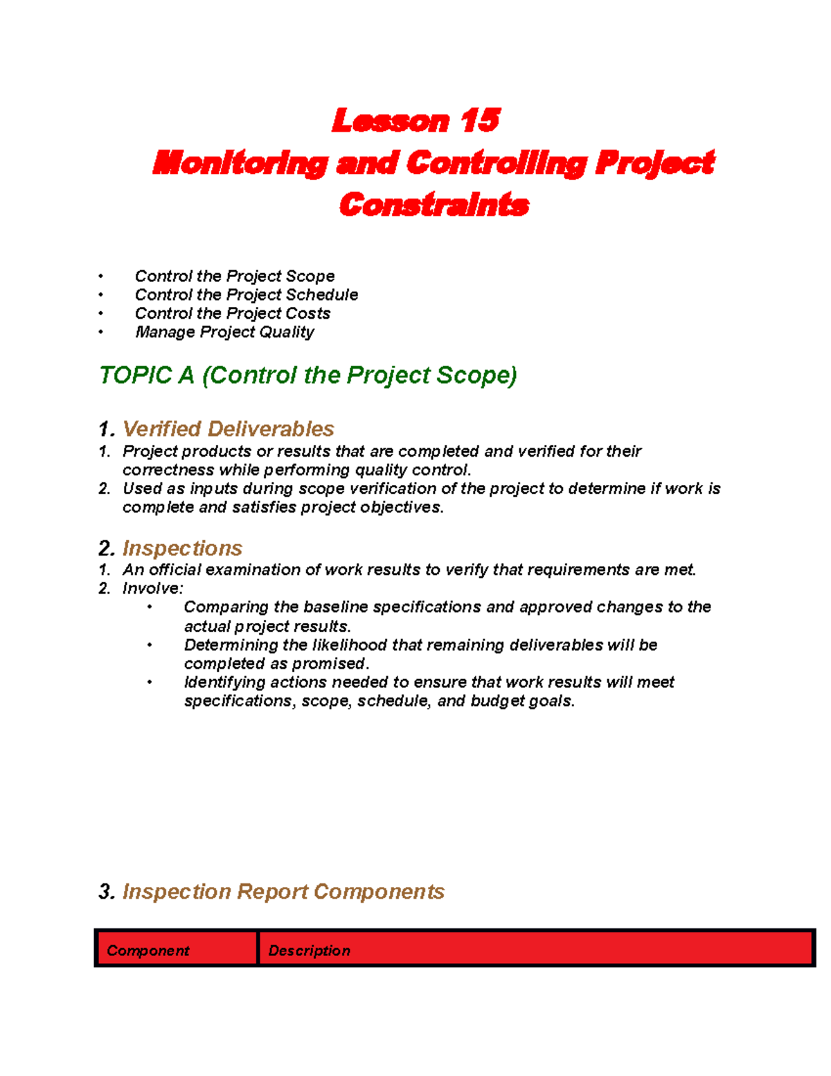 Lesson 15 (Monitoring and Controlling Project Constraints) - Lesson 15 ...
