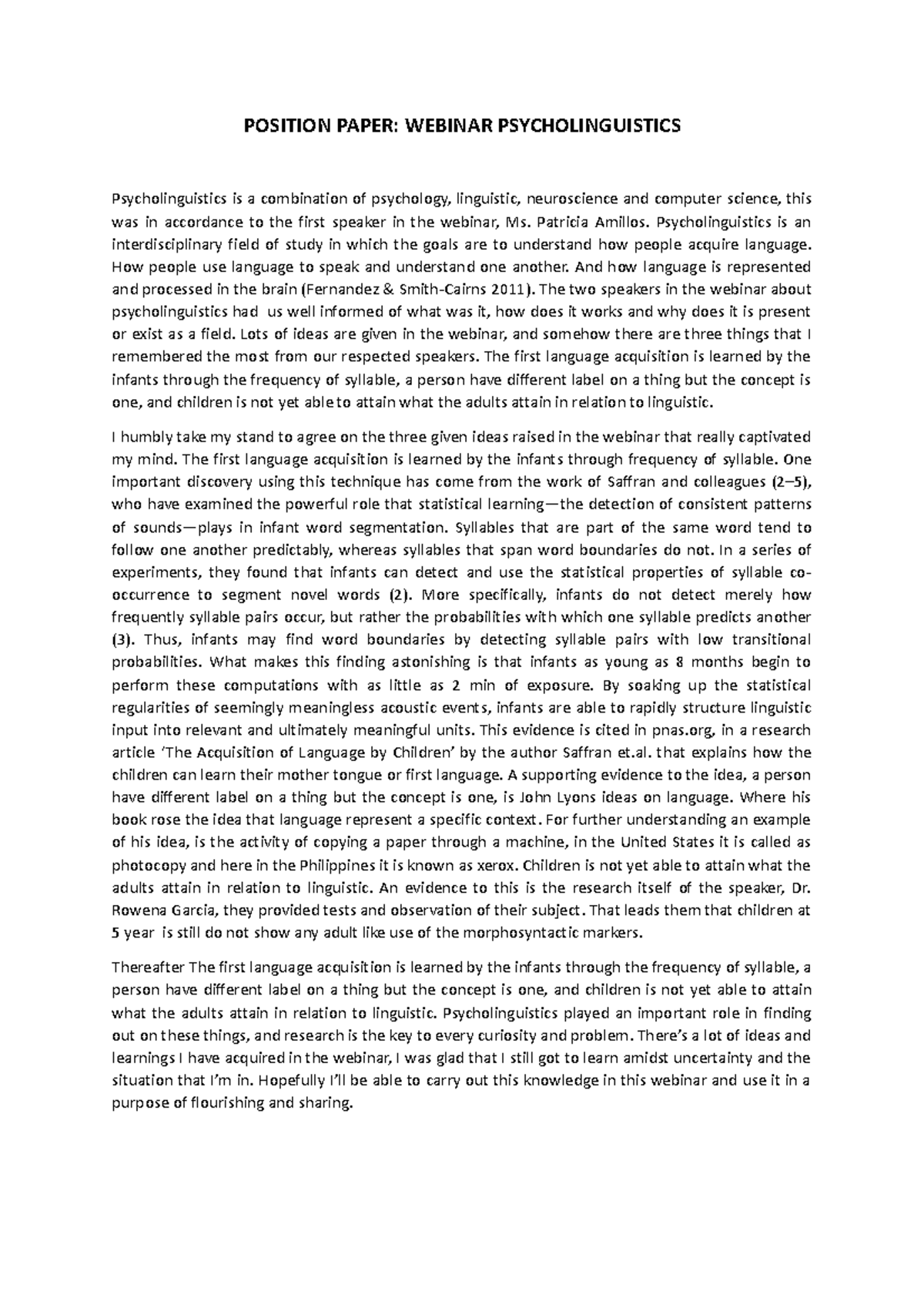 Reflective Position Paper: Webinar on Psycholinguistic - POSITION PAPER ...