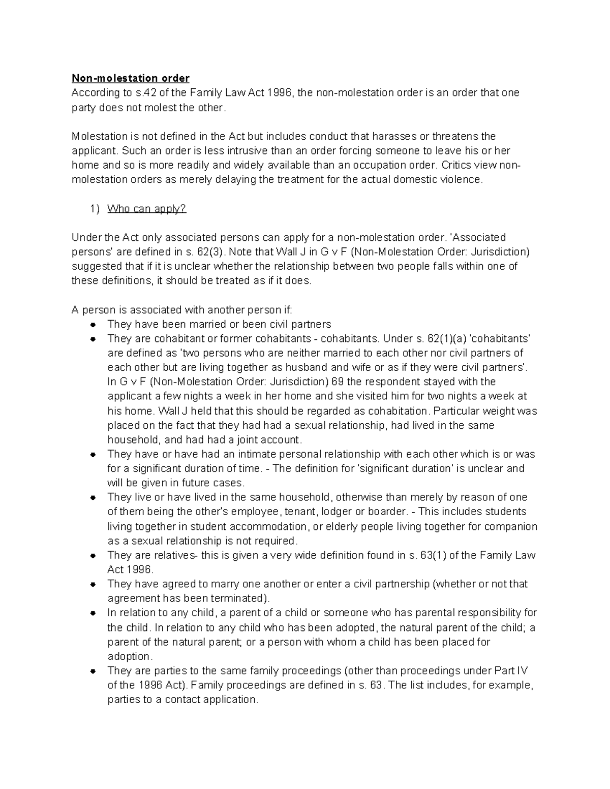 Domestic violence tutorial notes - Non-molestation order According to s ...