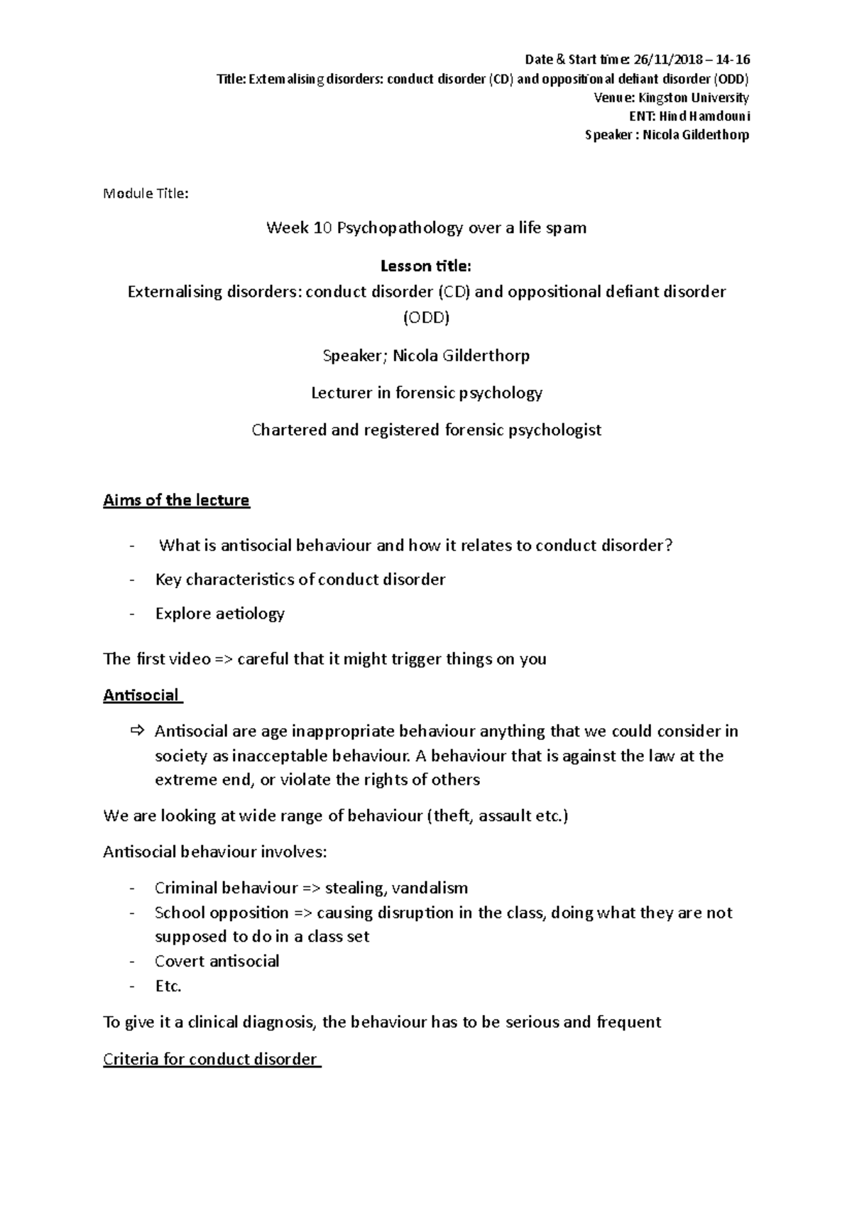 Psychopathology over a life spam Notes - Date & Start time: 26/11/2018 ...