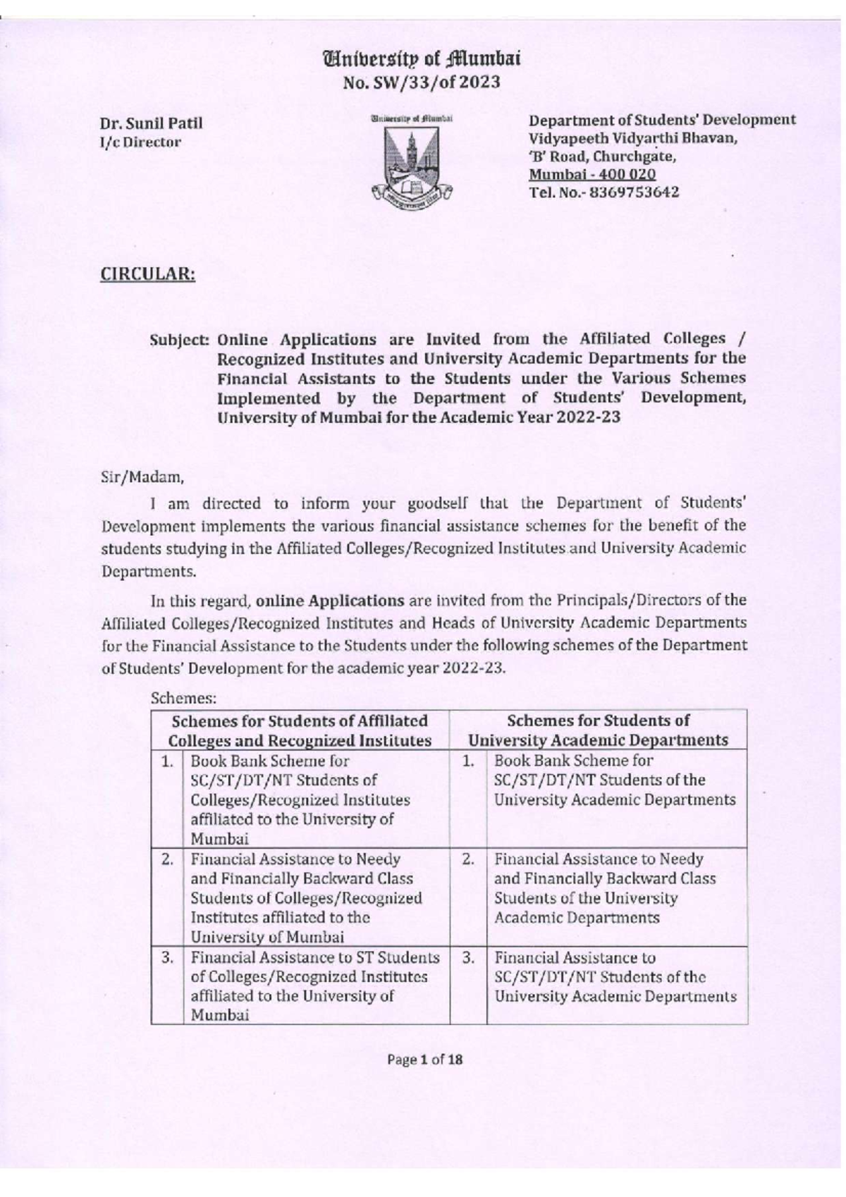 Scheme Circular 2022-23 - Every College/Recognized Institute/University ...