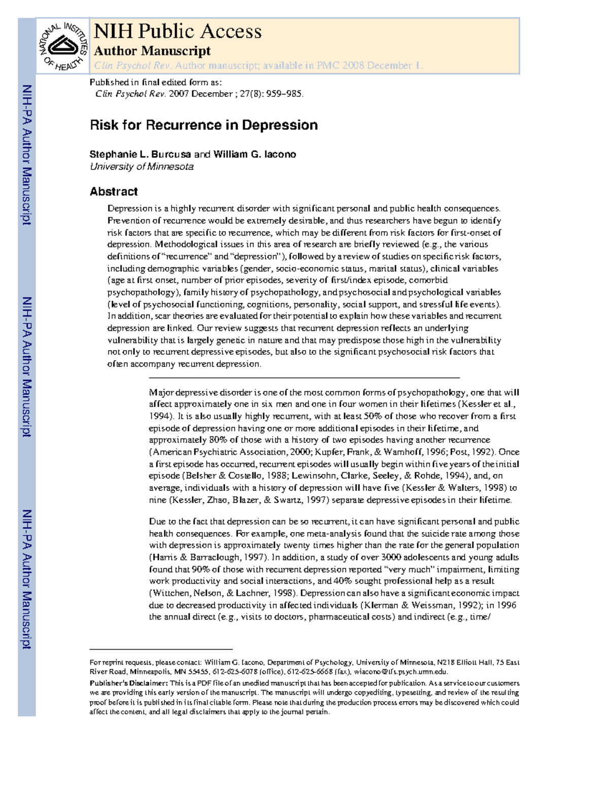 Nihms 34016 - Year 2022-2024 - Risk for Recurrence in Depression ...