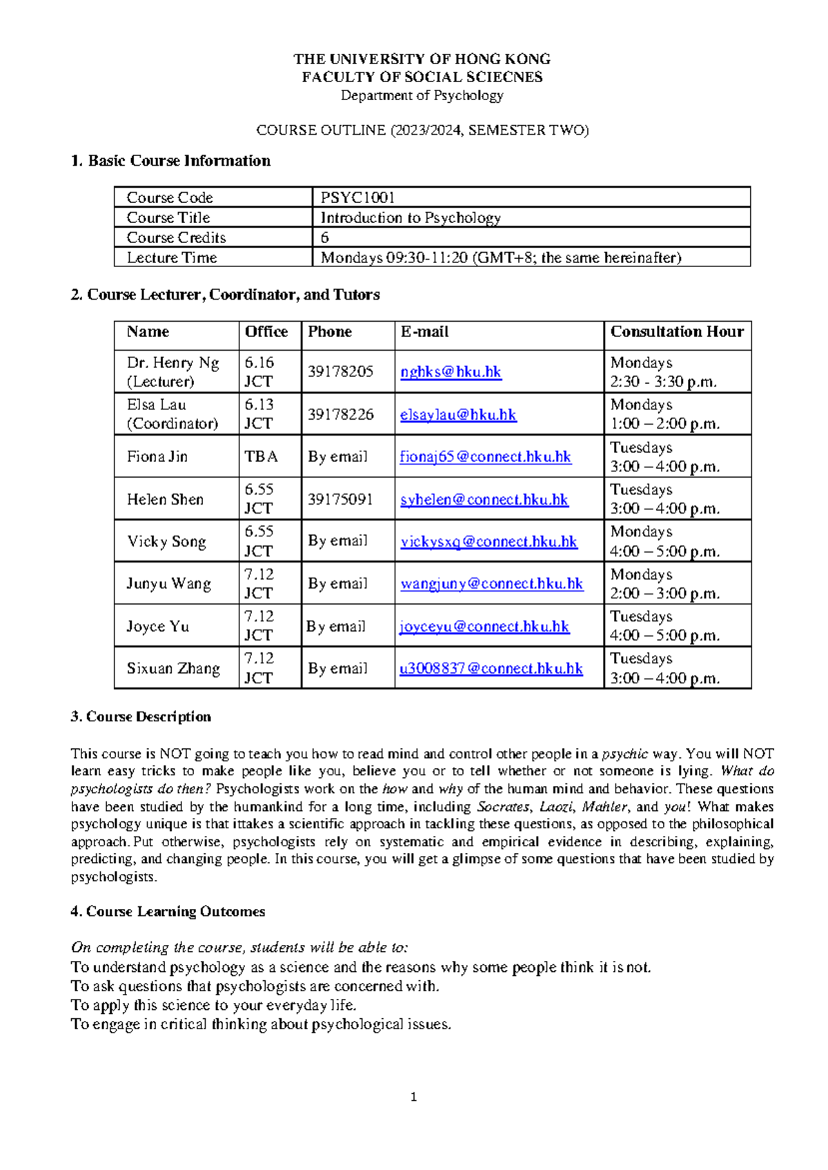 1001 course outline 202324 Sem 2 (Updated on Jan 15) - THE UNIVERSITY ...