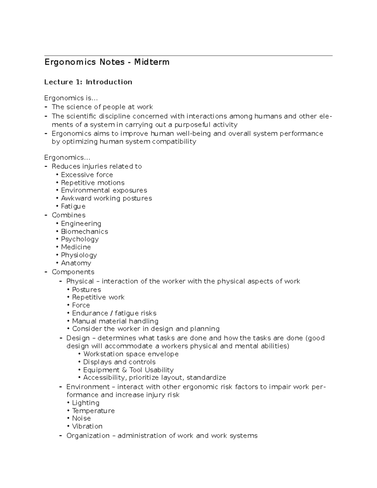 Before Midterm - Lecture notes 1-19 - Ergonomics Notes - Midterm ...