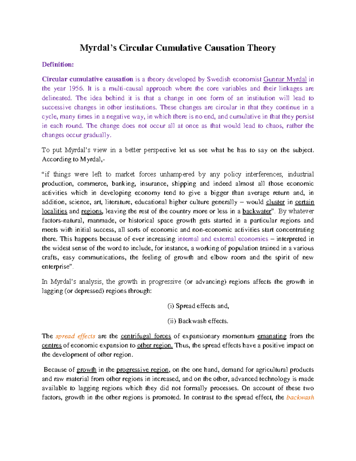 Myrdal's Theory - Myrdal’s Circular Cumulative Causation Theory ...