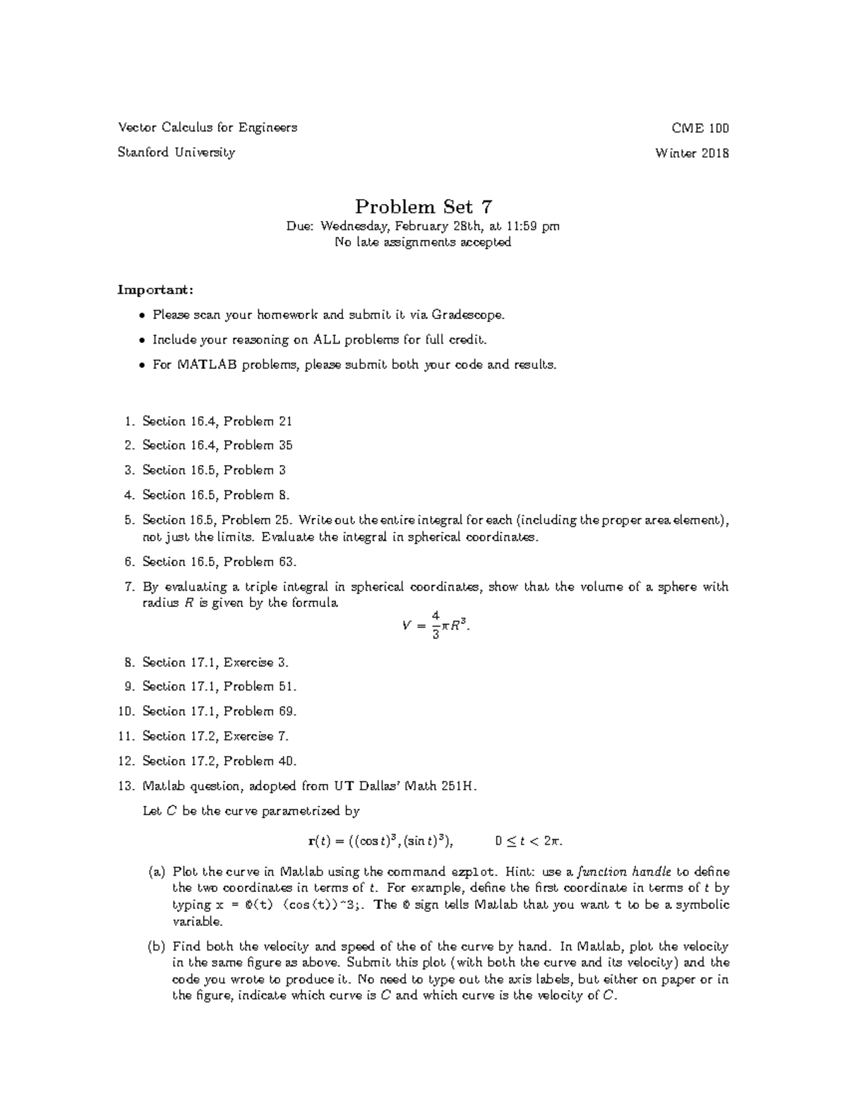 Hw7 - Problem set for Vector Calculus For Engineers - Vector Calculus ...