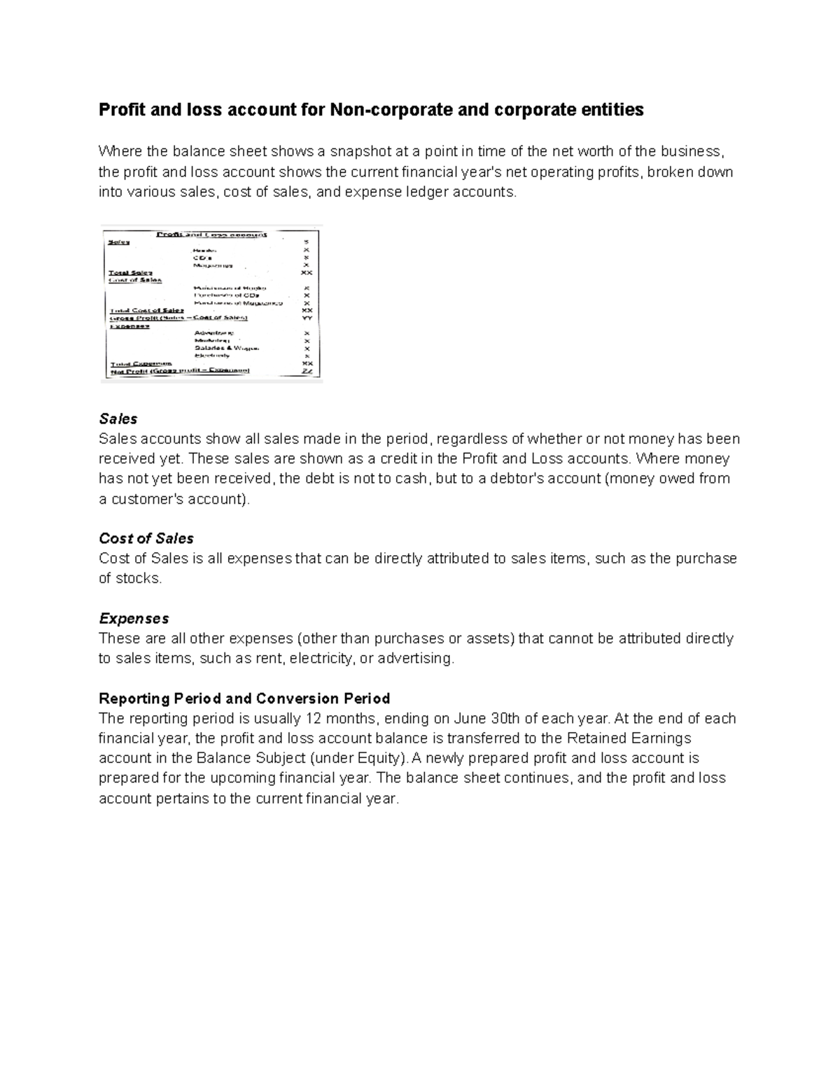 Profit and loss account for Non-corporate and corporate entities ...