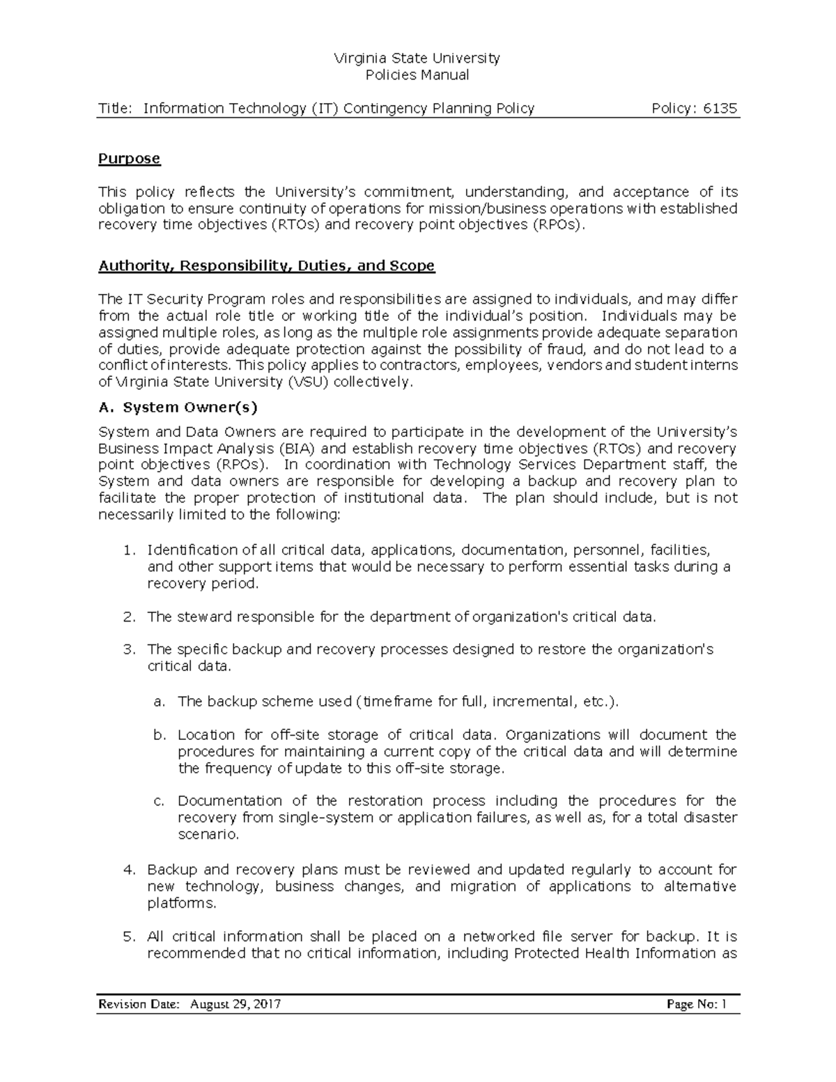 6135 contingency planning Sampl - Policies Manual Title: Information Technology (IT) Contingency ...