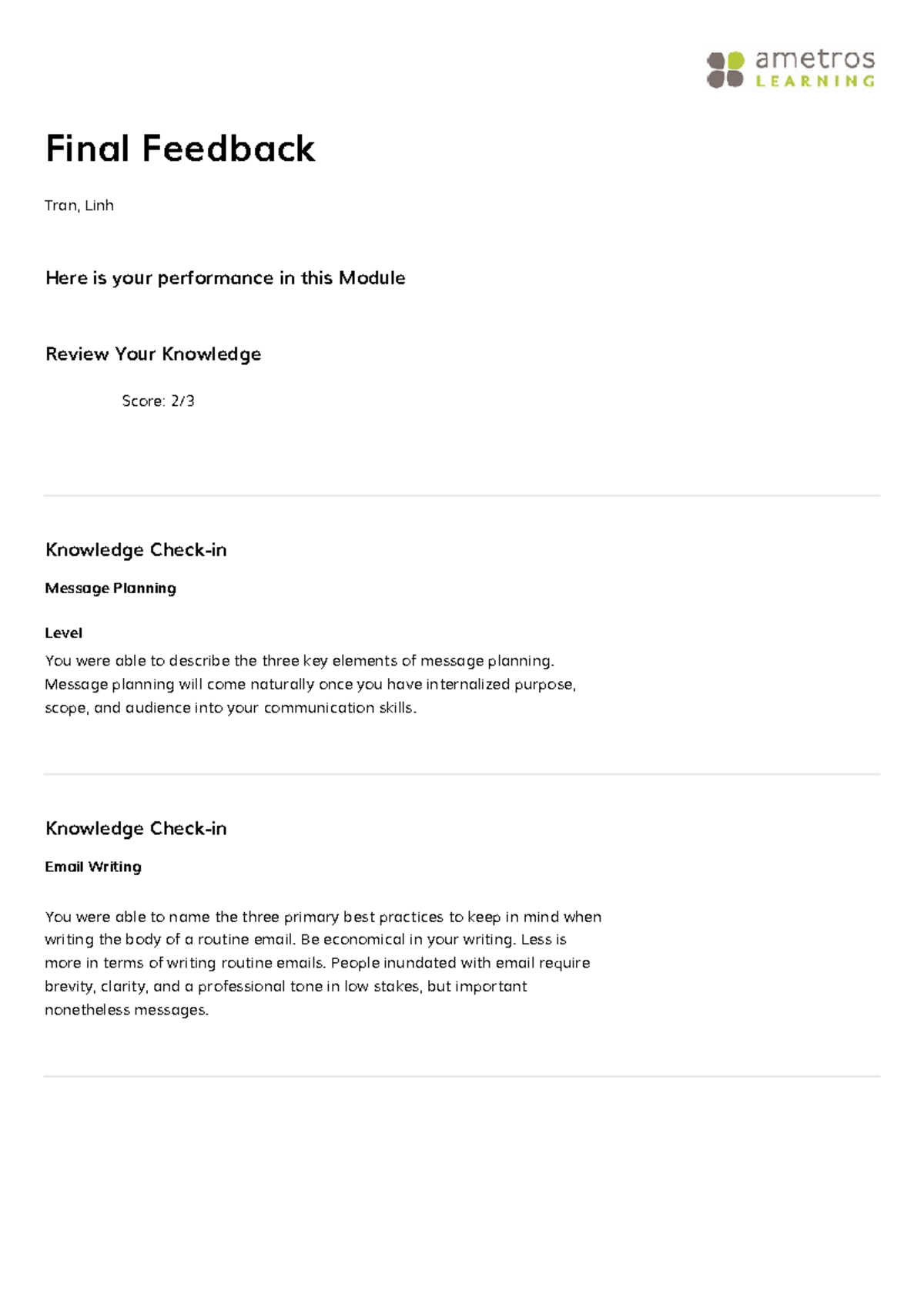 Ametros ELM #1 Final Feedback - Score: 2/ Review Your Knowledge Level ...