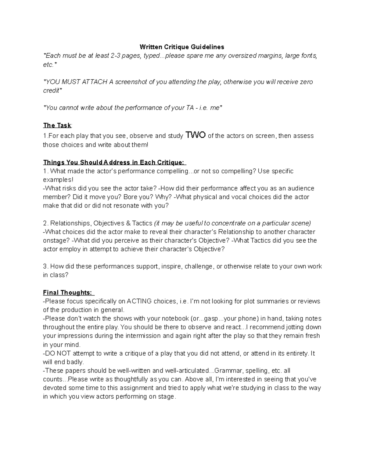 Virtual Performance Written Critique Guidelines - Written Critique ...