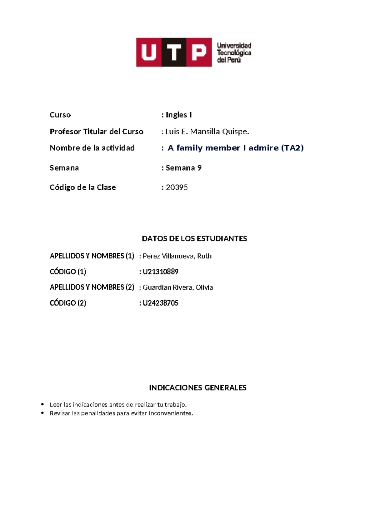 A family I admire(TA2) - practica - Curso : Ingles I Profesor Titular ...