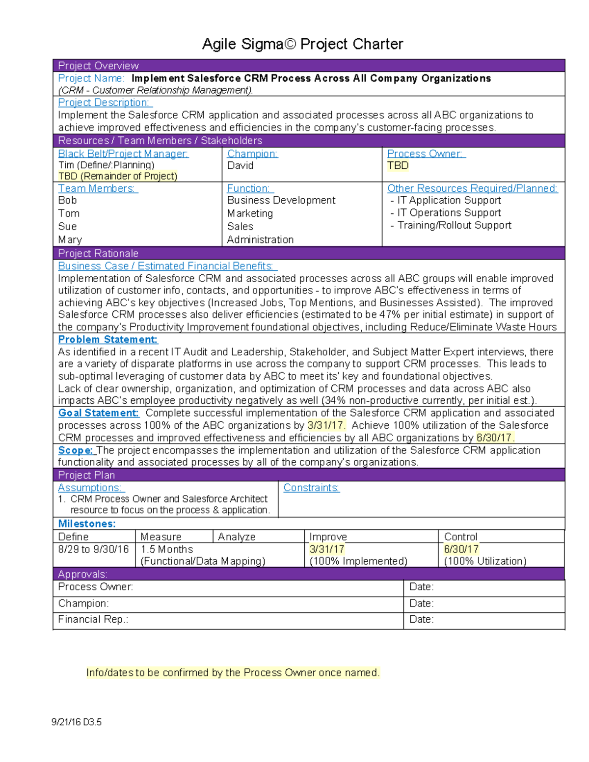 A.3.1 Project Charter Sample - Agile Sigma© Project Charter Project ...
