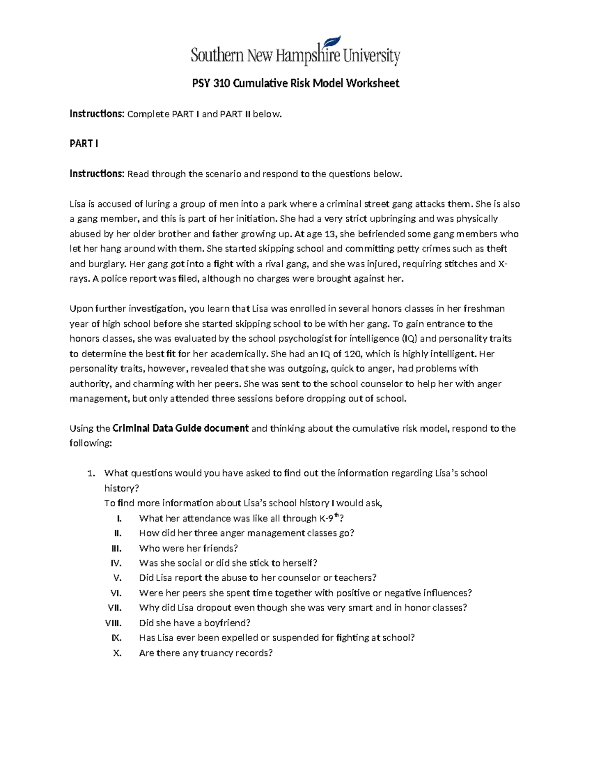 PSY 310 Cumulative Risk Model Worksheet - PSY 310 Cumulative Risk Model ...