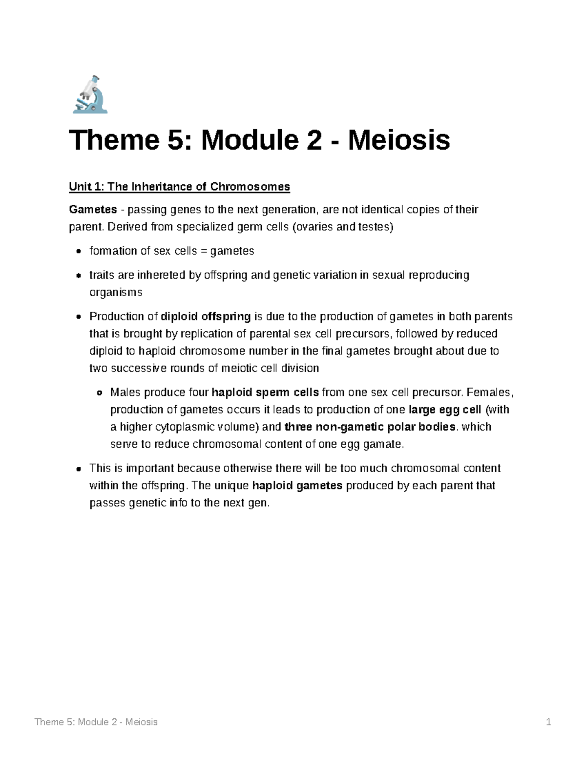 Theme 5 Module 2 Meiosis - 🔬 Theme 5: Module 2 - Meiosis Unit 1: The ...
