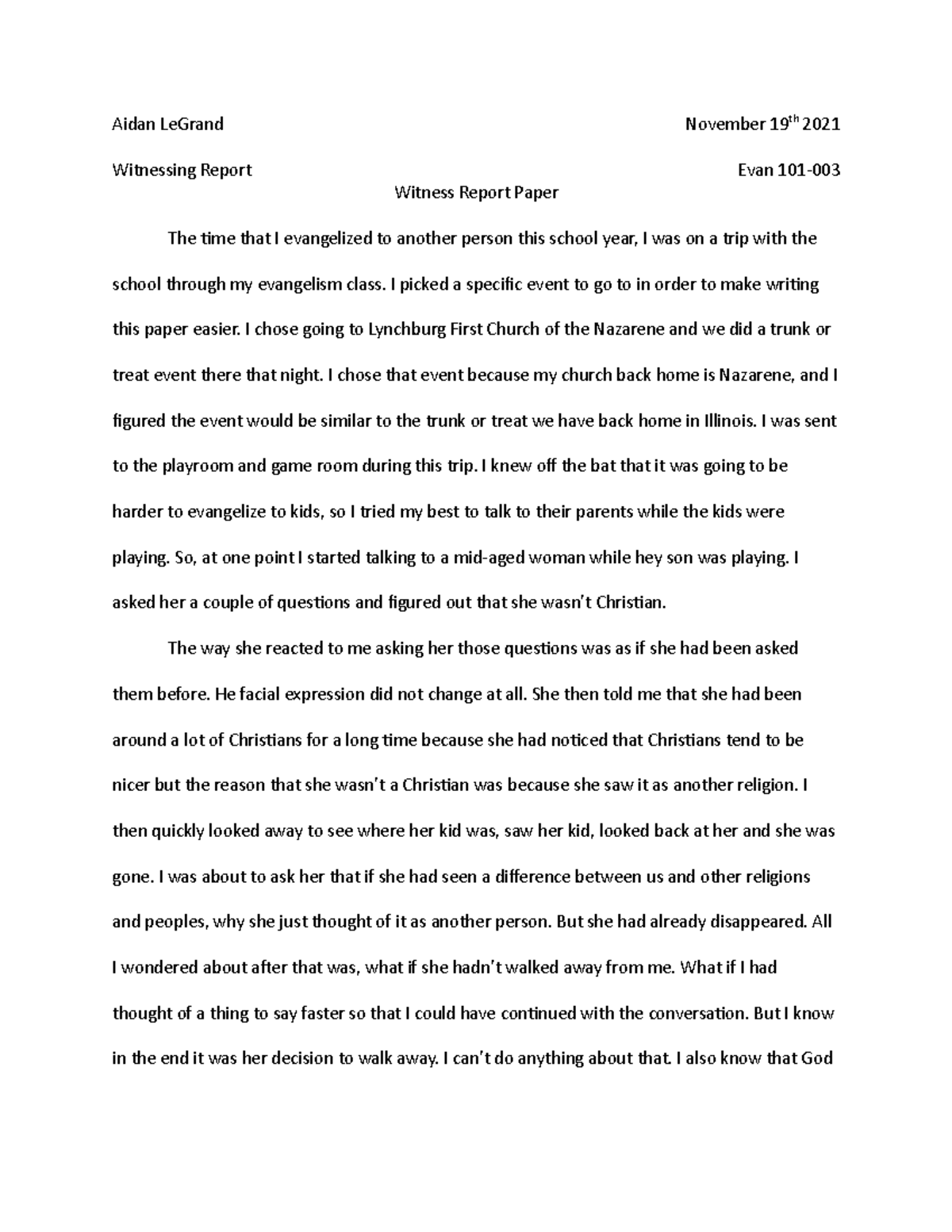 Witness Report Paper - Aidan LeGrand November 19th 2021 Witnessing ...