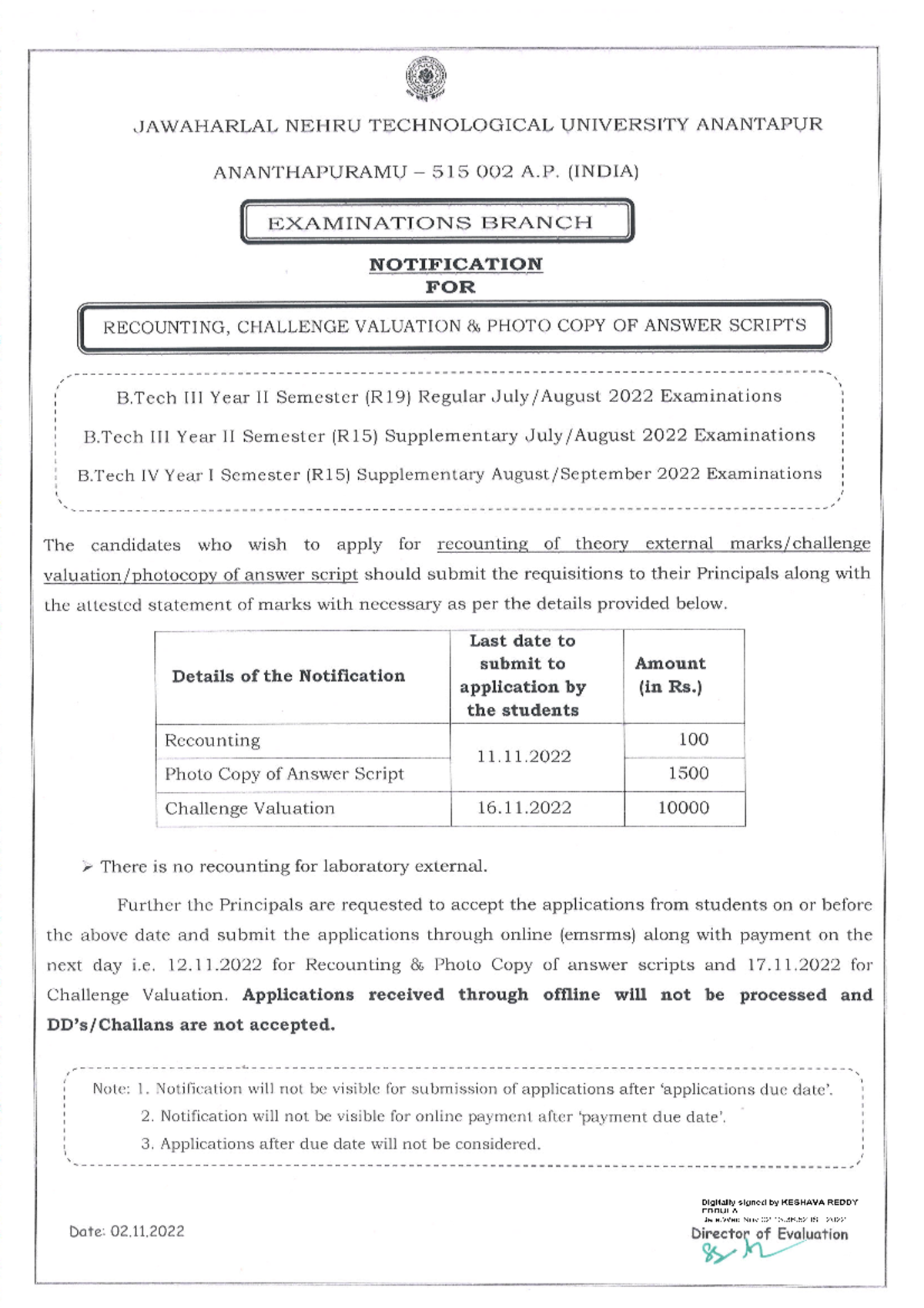 RC CV PCA Notification for B - Computer Science & Engineering - JNTU Anantapu - Studocu