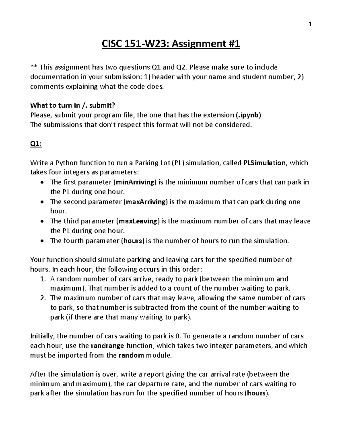 Cisc151 Assignment 1 Major Assignment 1 Cisc 151 W23 Assignment