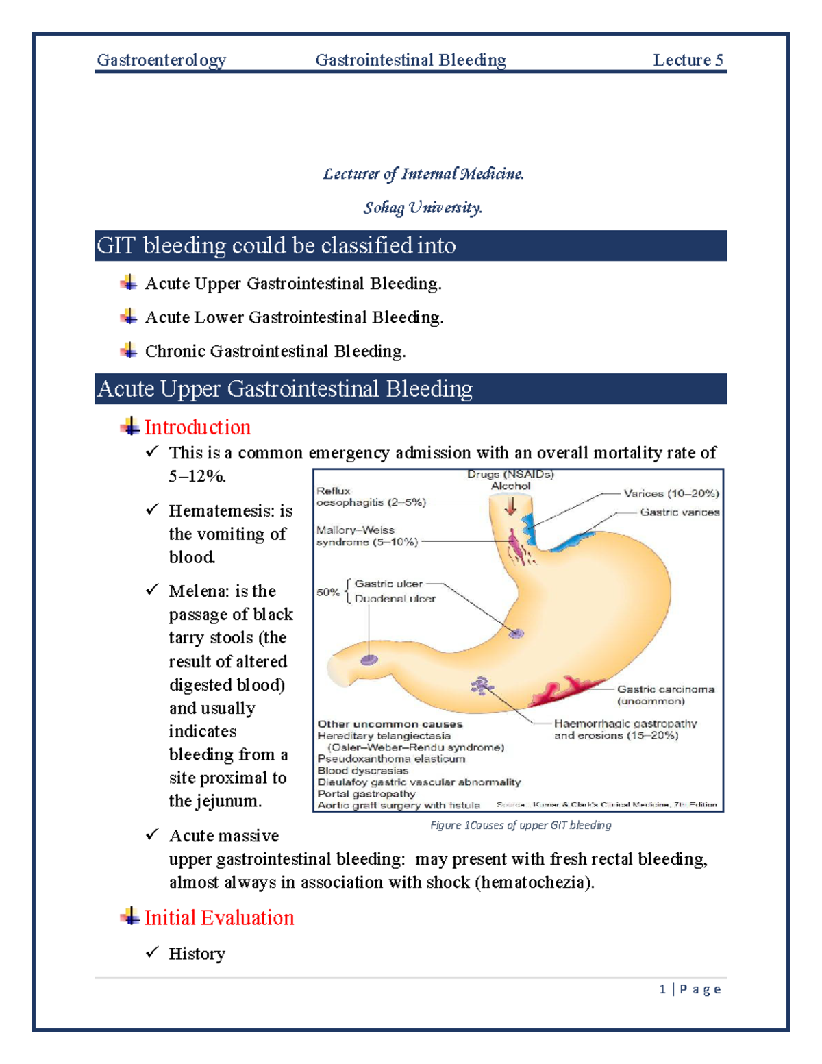 Upper GIT bleeding - By/ Dr: Ali Hussein, MD. Lecturer of Internal Medicine. Sohag University ...