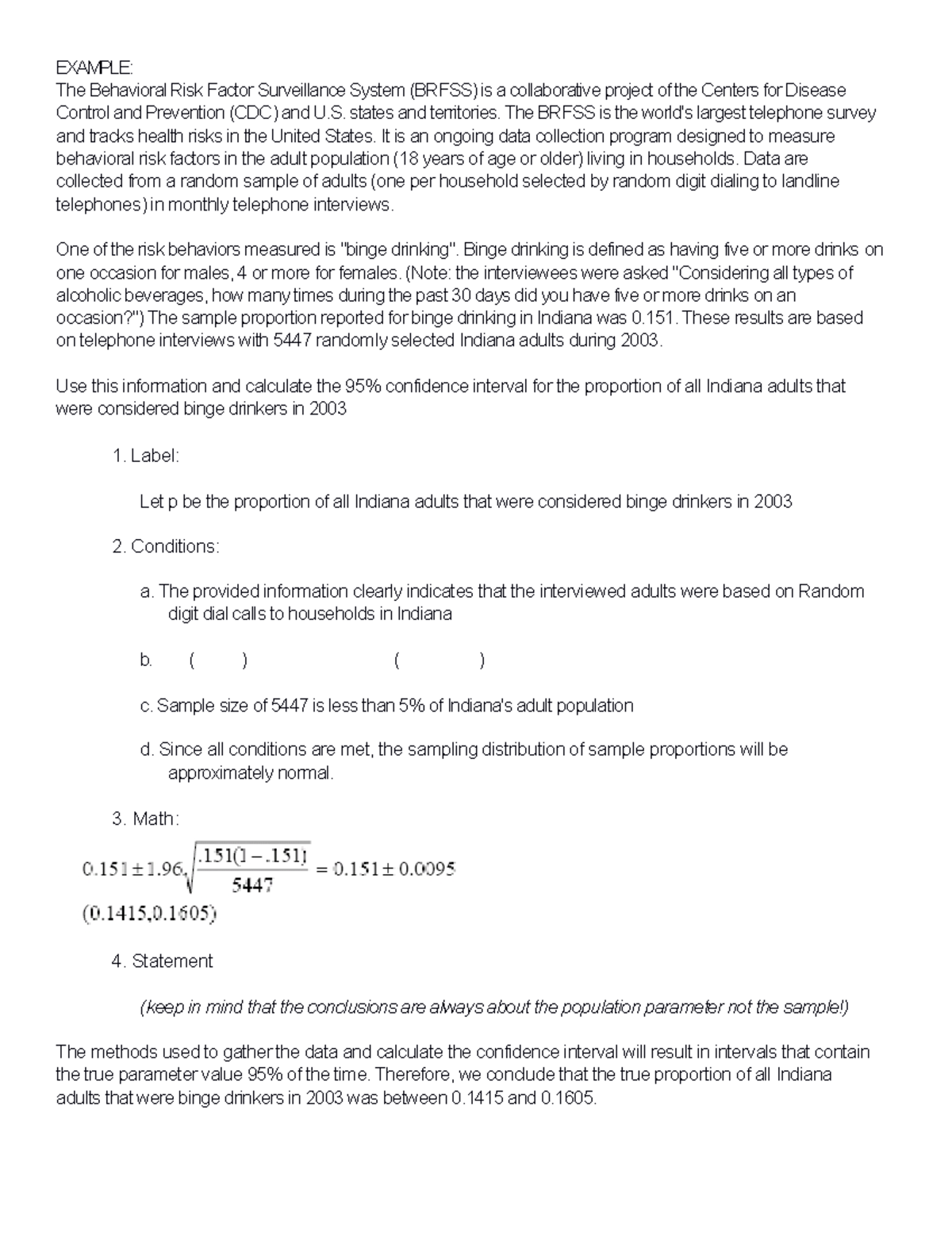 CI Example for Proportions - EXAMPLE: The Behavioral Risk Factor ...