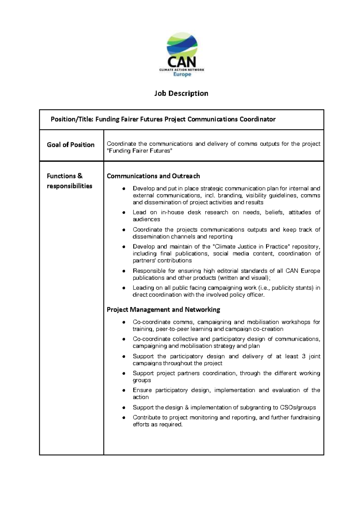 FFF Comms Coord Job Description - Job Description Position/Title ...