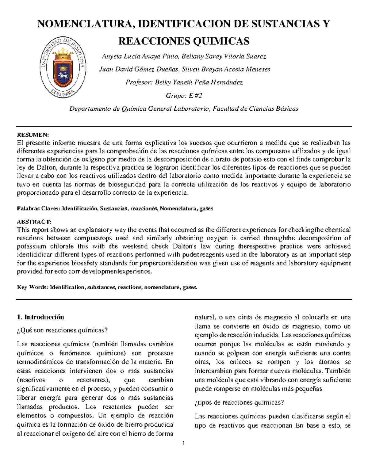 Informe Nomenclatura - NOMENCLATURA, IDENTIFICACION DE SUSTANCIAS Y REACCIONES QUIMICAS Anyela ...