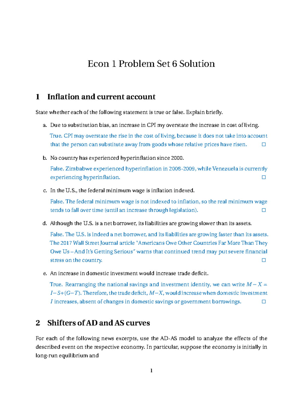 Winter 2019 PS6Solutions - Econ 1 Problem Set 6 Solution 1 Inflation and current account State ...