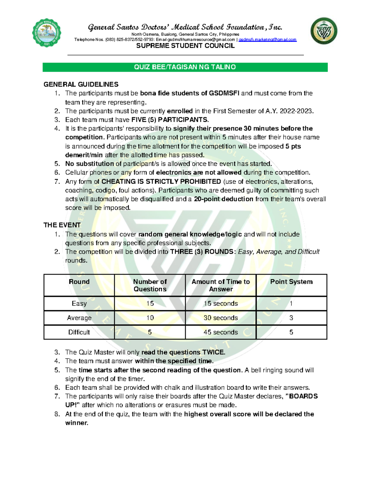 Tagisan NG Talino Guidelines - General Santos Doctors’ Medical School ...