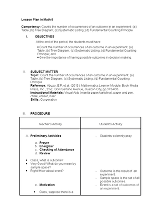 Lesson Plan in Math 8 Angles Formed by Parallel Lines cut by a ...