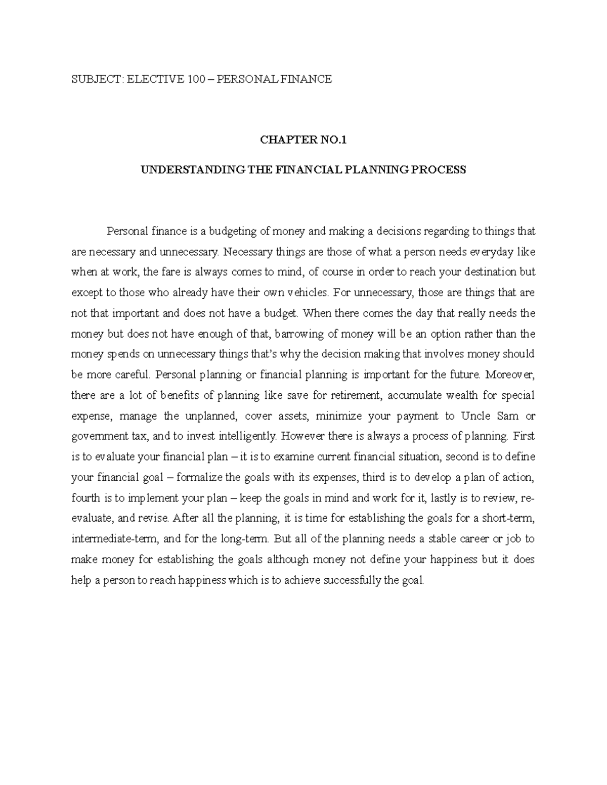 Personal Finance - SUBJECT: ELECTIVE 100 – PERSONAL FINANCE CHAPTER NO ...