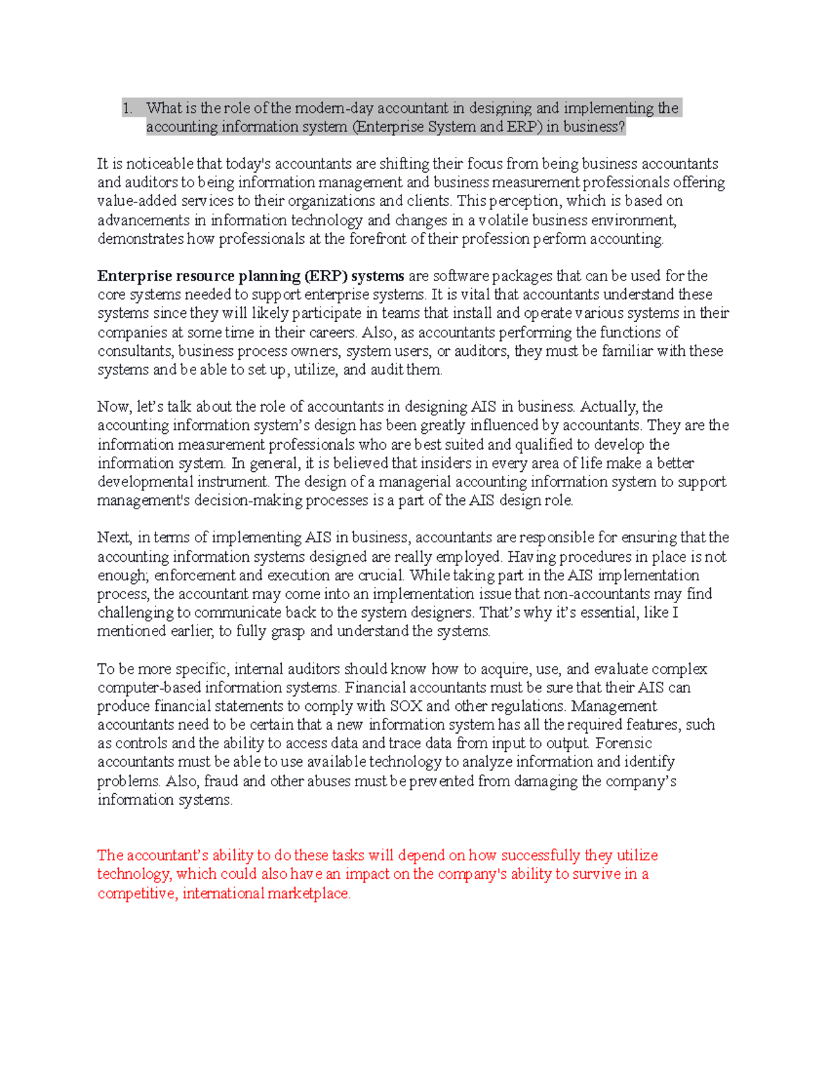 AIS essay - information system - What is the role of the modern-day accountant in designing and ...