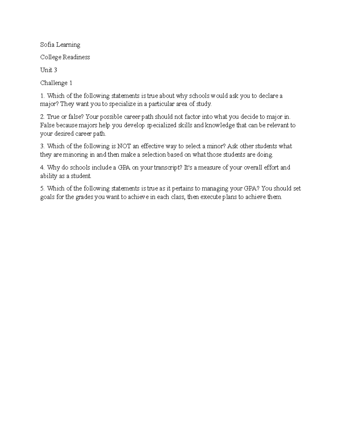 Sophia Learning College Readiness Unit 3 Challenge 1 - Sofia Learning ...