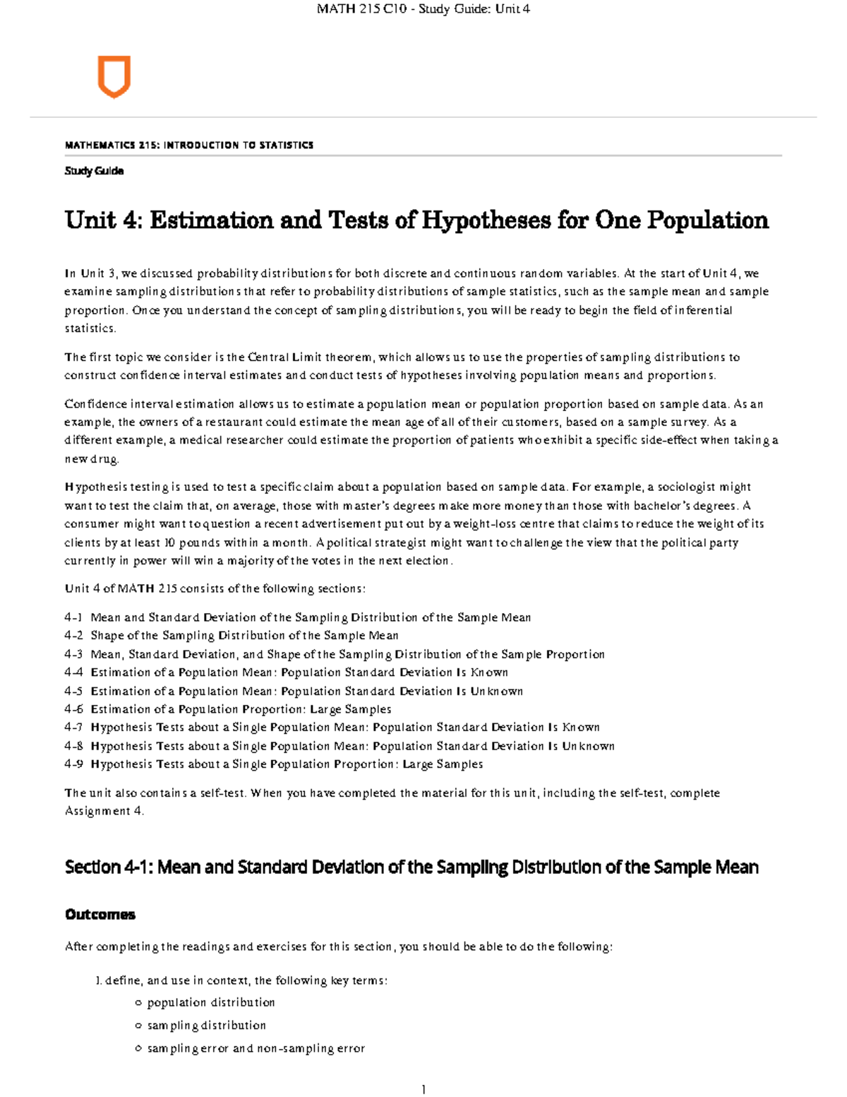 Math 215 unit 4 course guide and self study - In Unit 3, we discussed ...