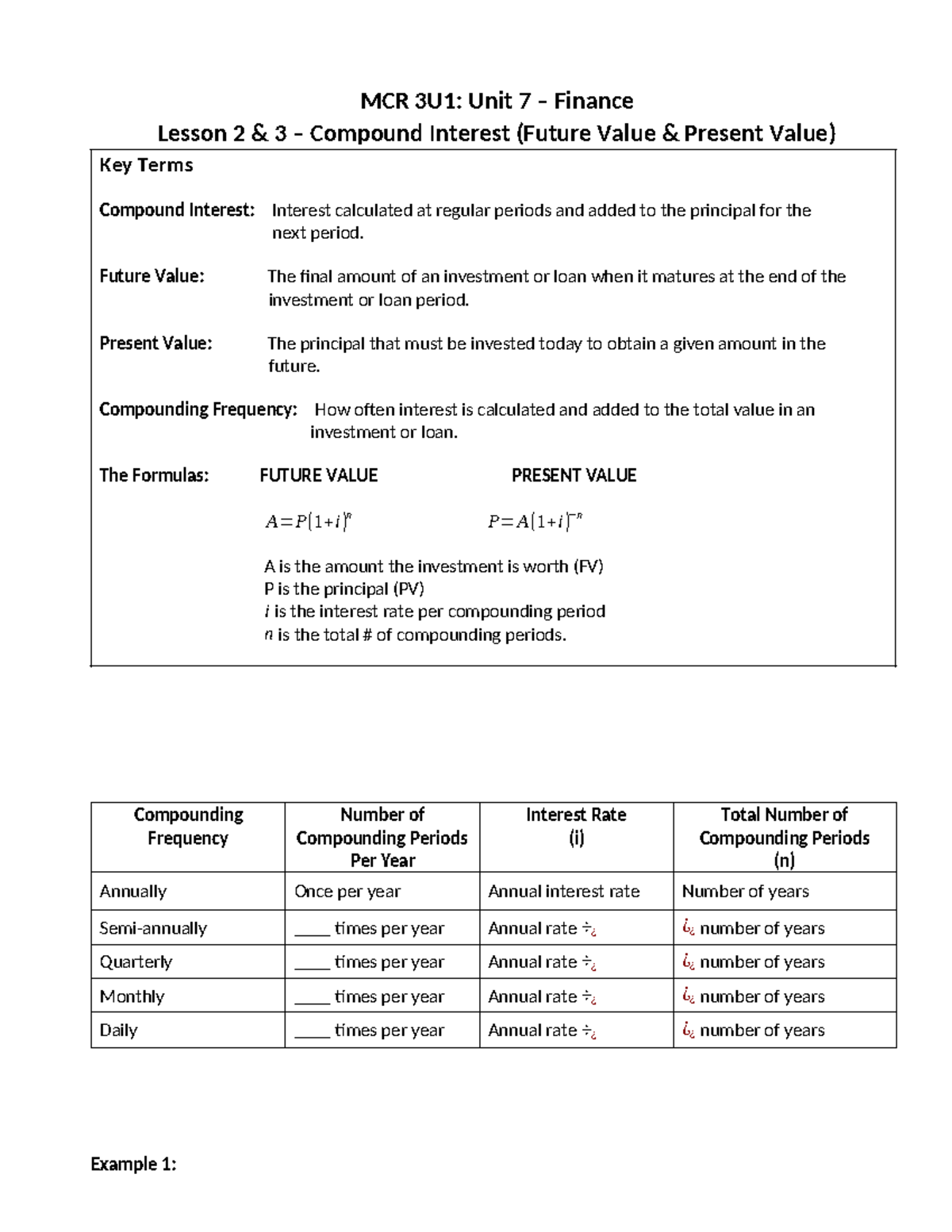 Lesson 23- Compound Interest - MCR 3U1: Unit 7 – Finance Lesson 2 & 3 ...