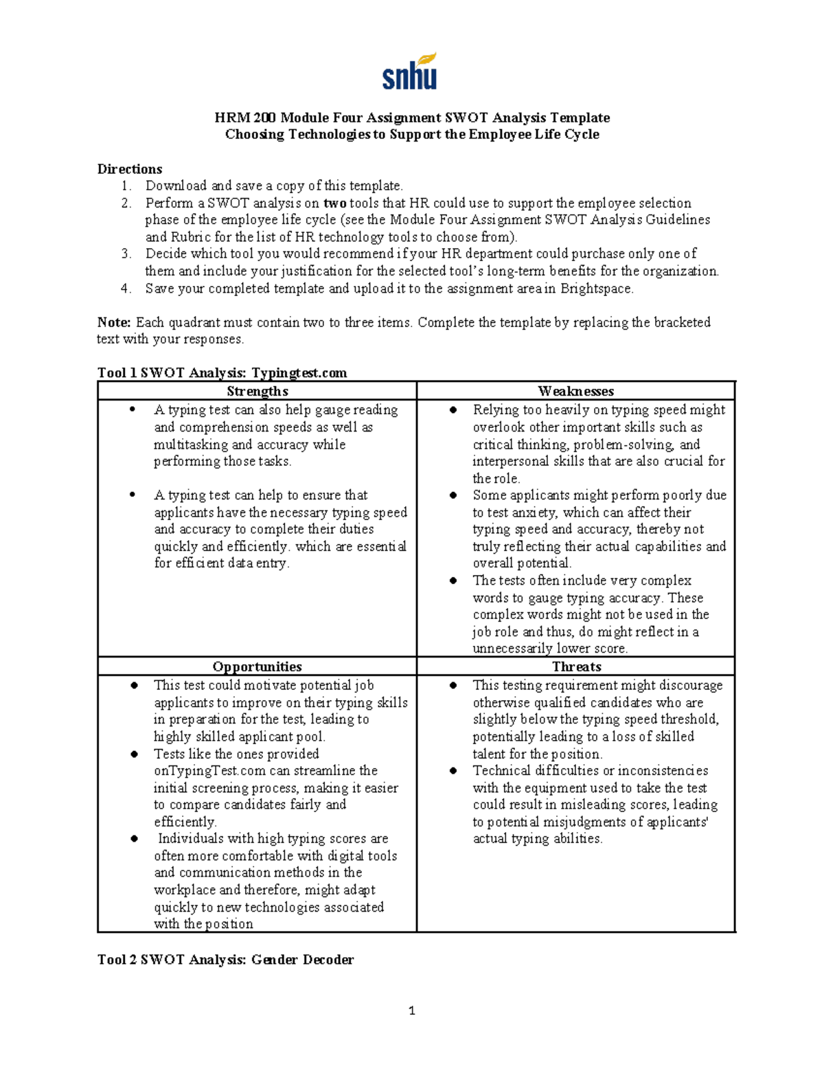 HRM 200 Module Four Assignment SWOT Analysis Template - Perform a SWOT analysis on two tools ...