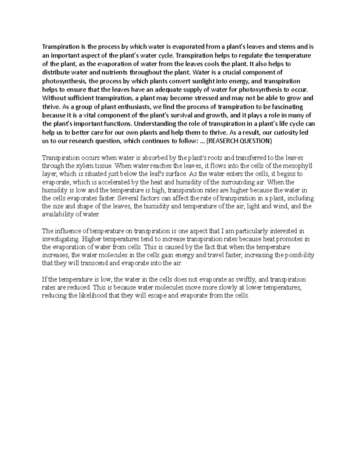 Transpiration Lab - Lab - Transpiration is the process by which water ...