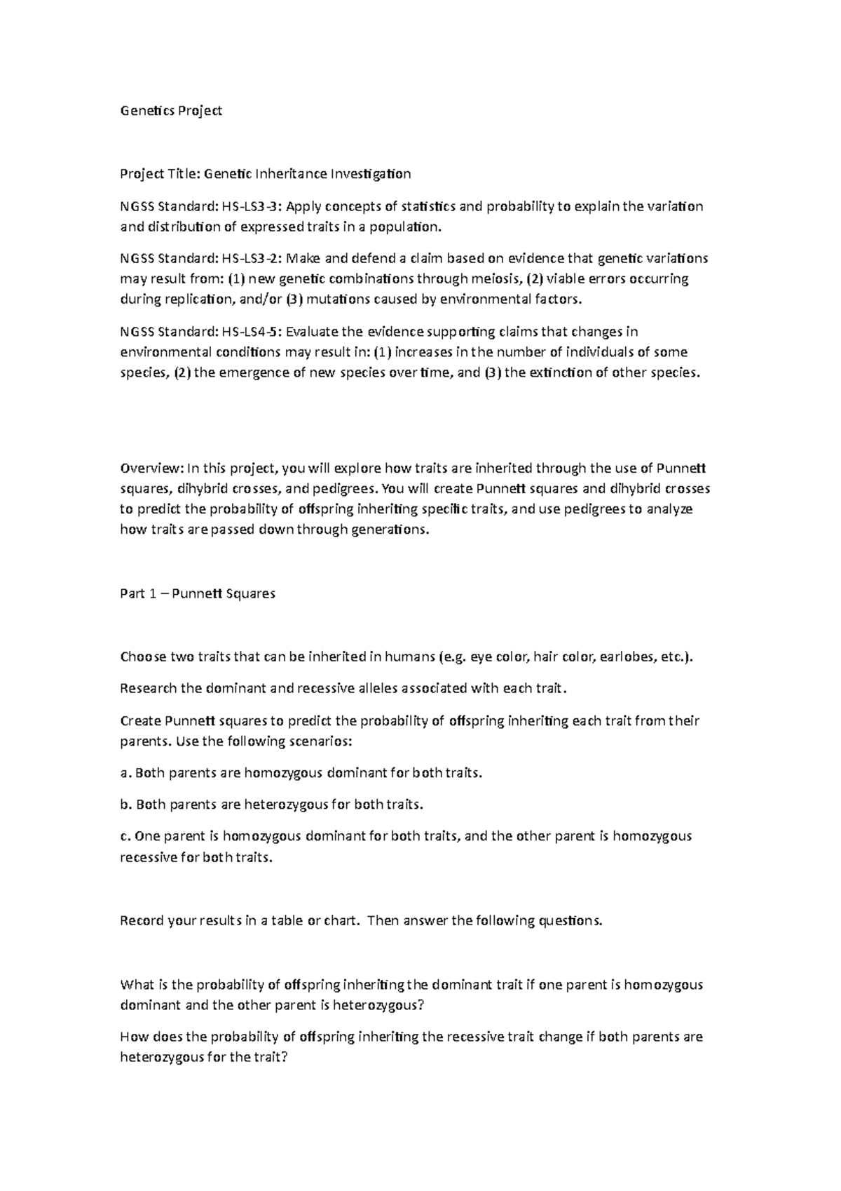 Genetics project - Genetics Project Project Title: Genetic Inheritance ...